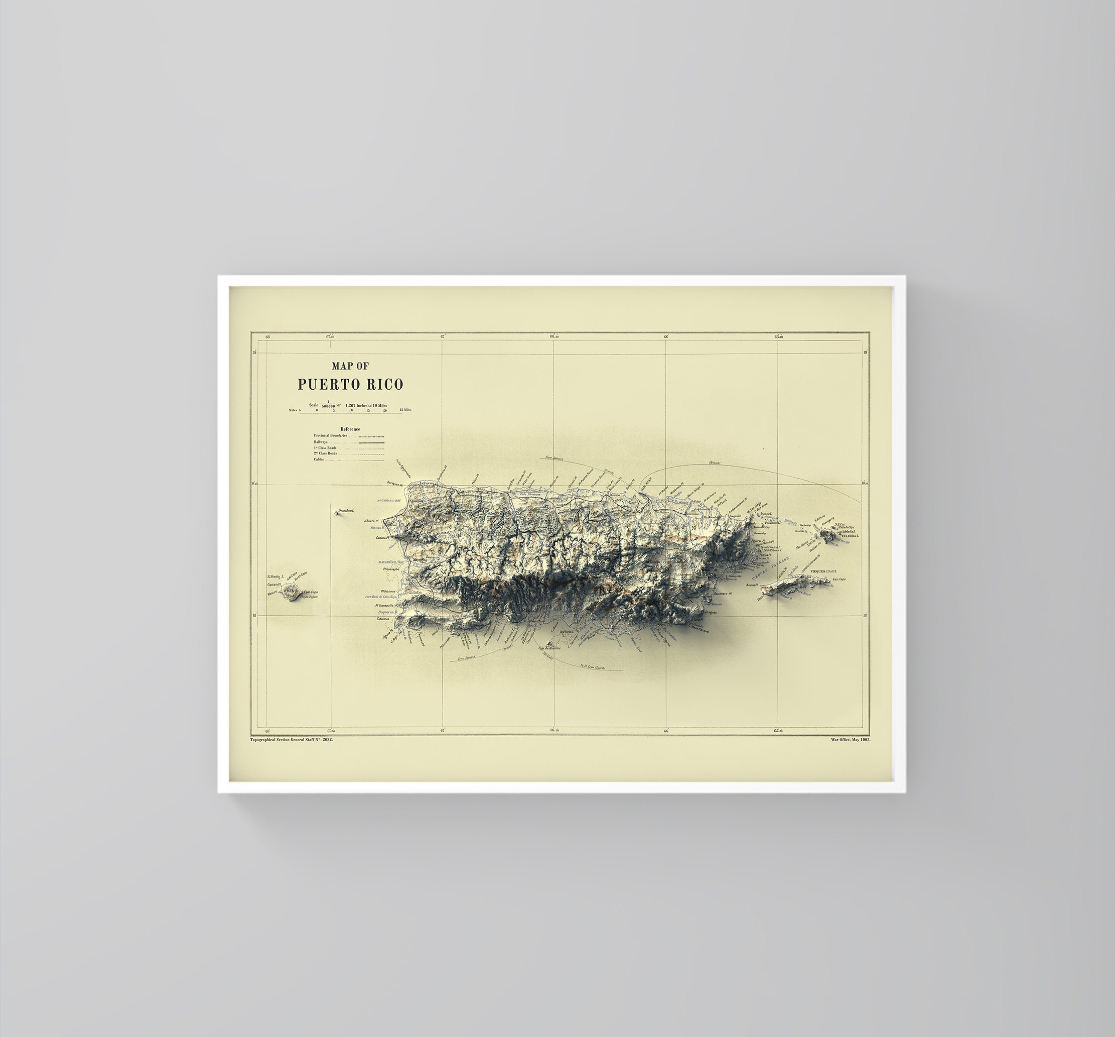 Puerto Rico Map, Puerto Rico 2D Relief Map, Puerto Rico Poster, Puerto ...