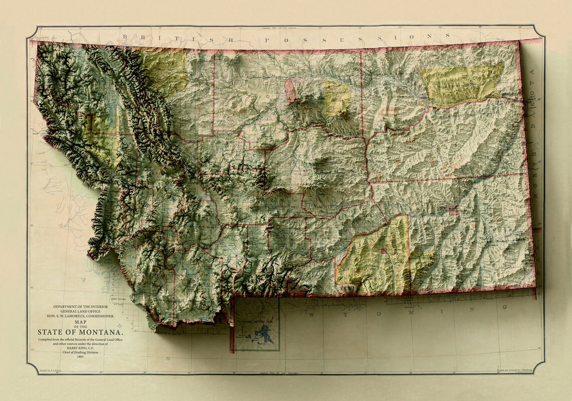 Montana Map Montana 2D Relief Map Montana Topo Map Montana - Etsy
