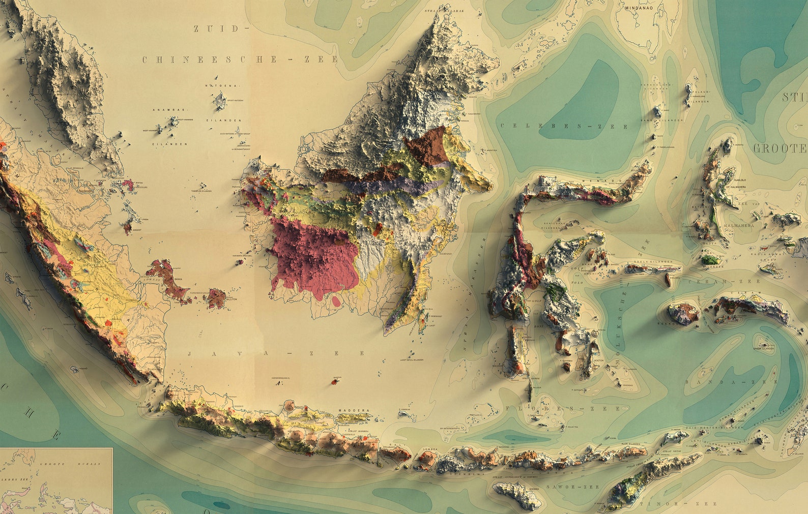Indonesia Map, Indonesia 2D Relief Map, Indonesia Vintage Map ...