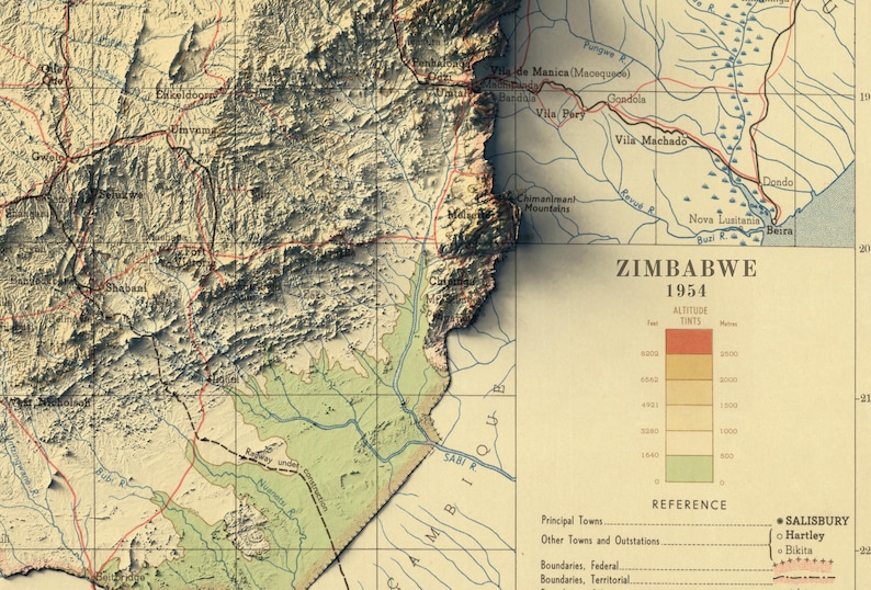Zimbabwe Map, Zimbabwe 2D Relief Map, Zimbabwe Vintage Poster, Zimbabwe ...