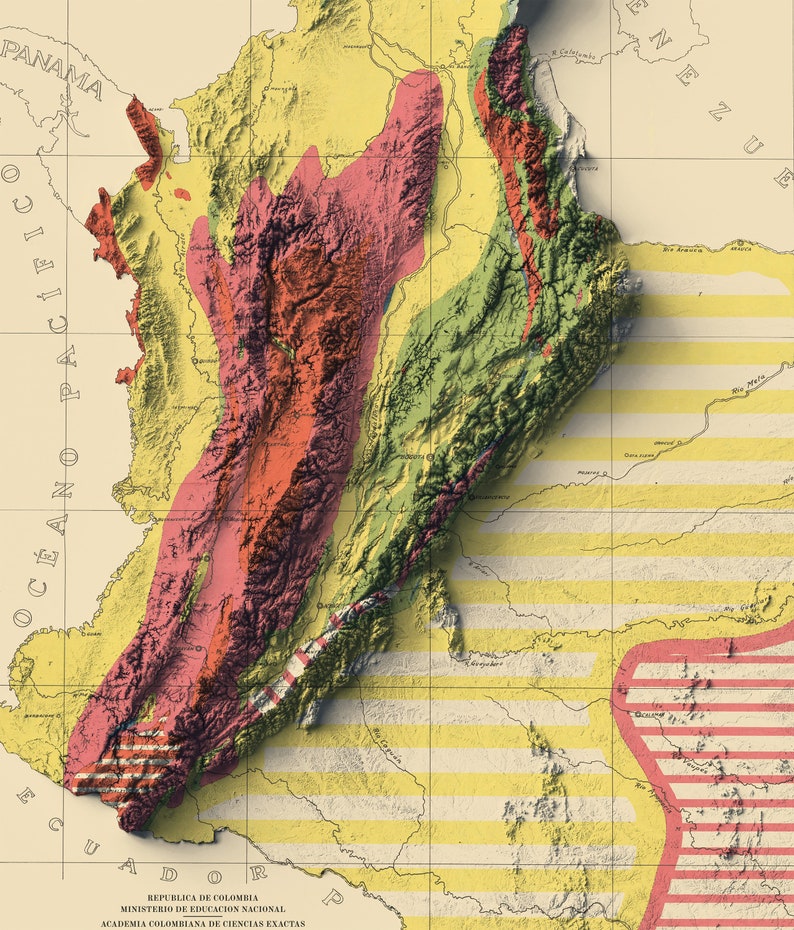 Colombia Map, Colombia 2D Relief Map, Colombia Vintage Map, Colombia ...