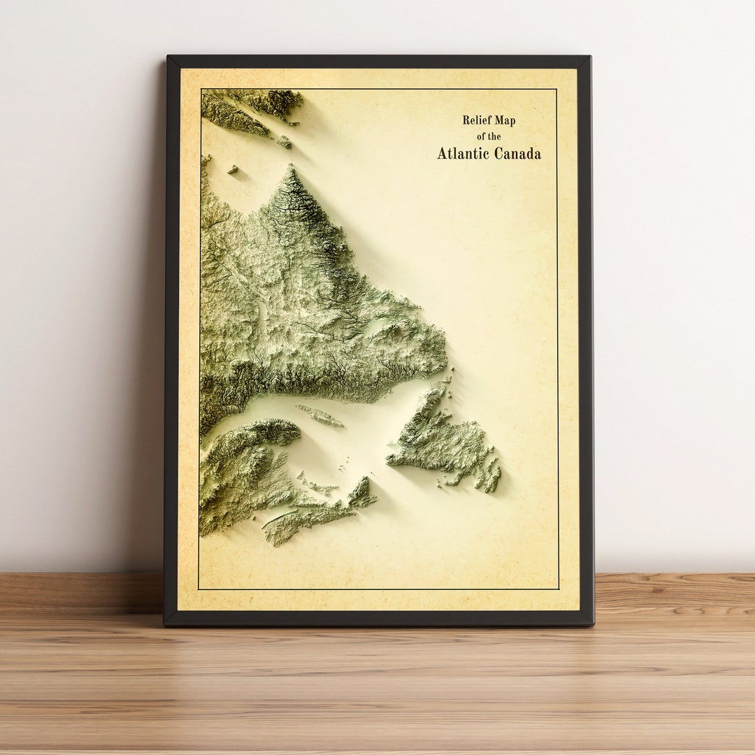 Atlantic Canada Map, Canada 2D Relief Map, Labrador Vintage Map ...