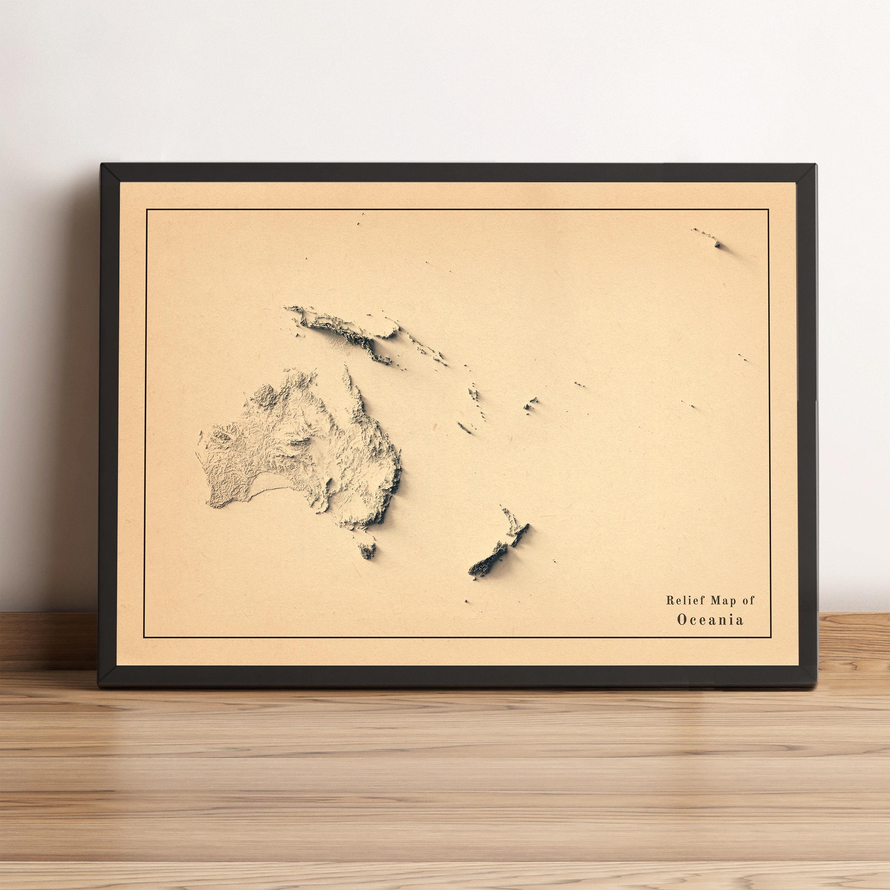 Oceania Map, Oceania 2D Relief Map, Oceania Minimalist Poster, Oceania ...