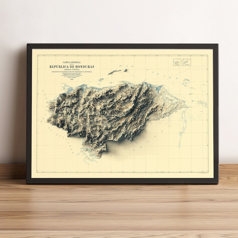 Honduras Map Honduras 2D Relief Map Honduras Vintage Map - Etsy