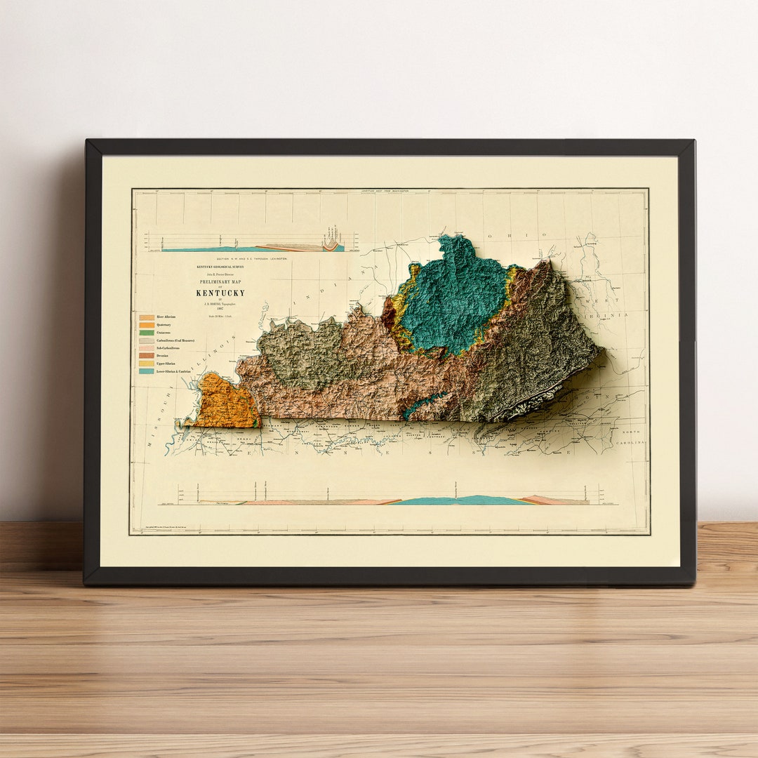 Kentucky Map, Kentucky 2D Relief Map, Kentucky Vintage Map, Kentucky ...