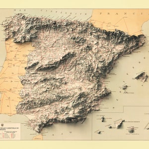 Spain Map, Spain 2D Relief Map, Spain Vintage Map, Spain Holidays Gift ...