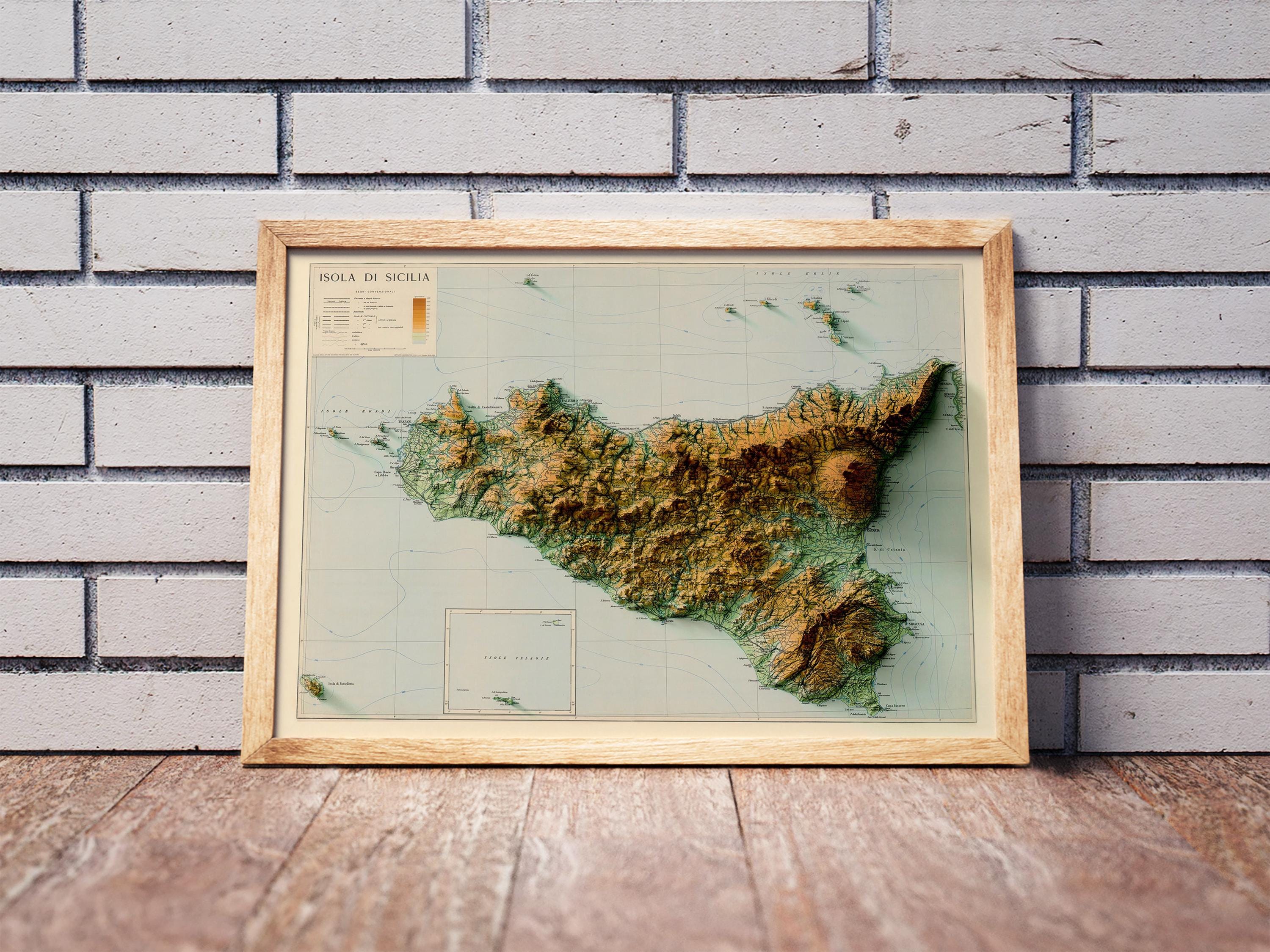 Sicily Map, Sicilia Map, Sicily 2D Relief Map, Sicily Vintage Map ...