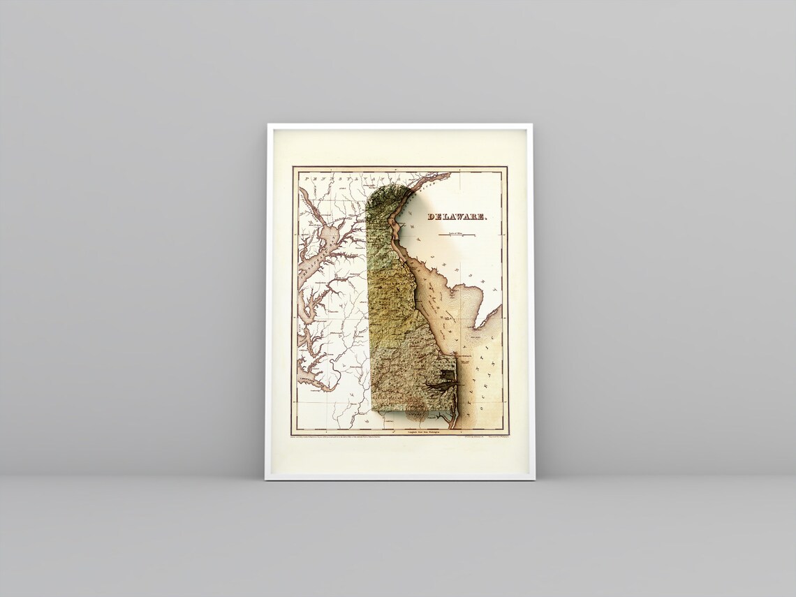 Delaware Map Delaware 2D Relief Map Delaware Vintage Map - Etsy
