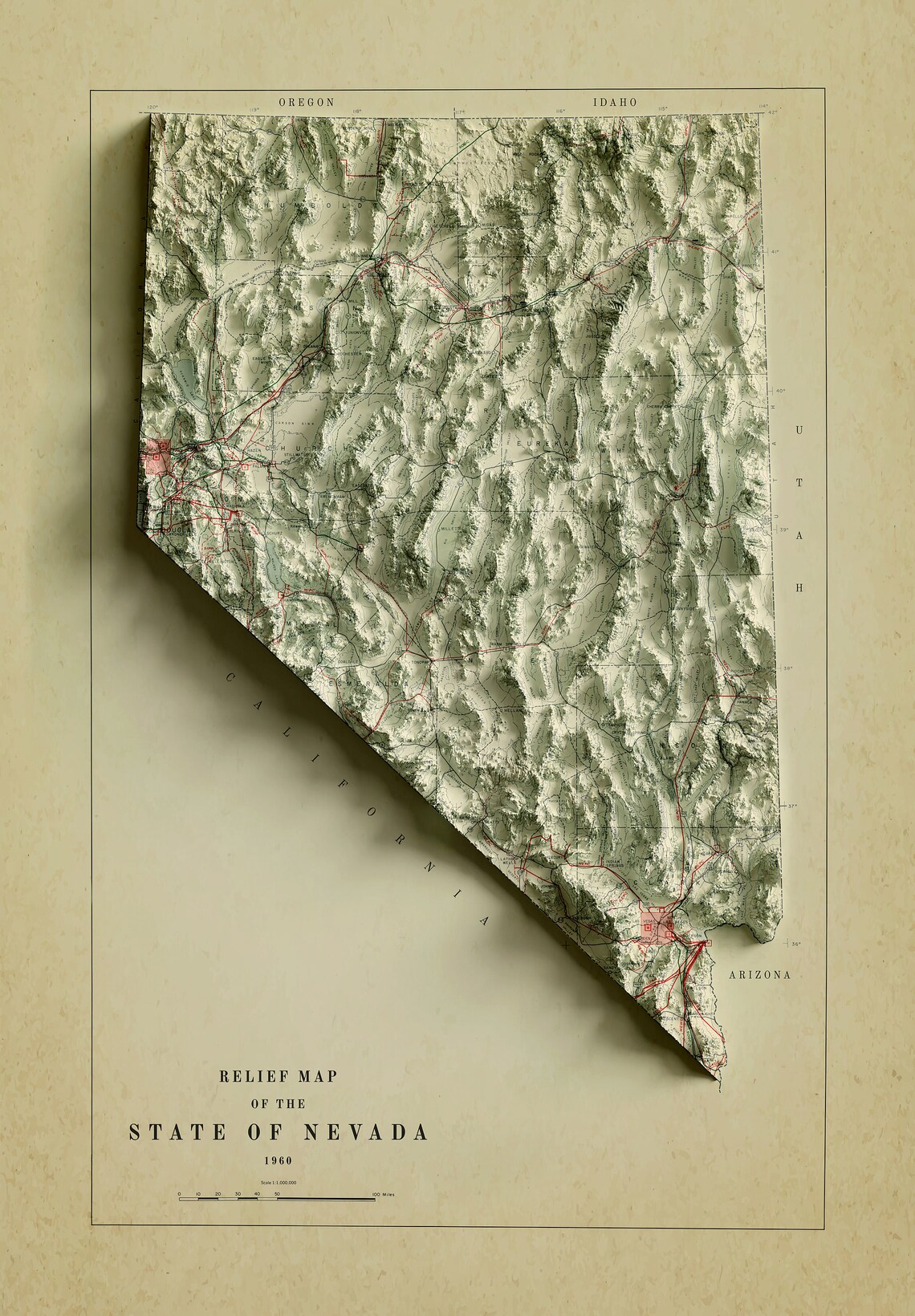 Nevada Map Nevada 2D Relief Map Nevada Vintage Map Nevada - Etsy