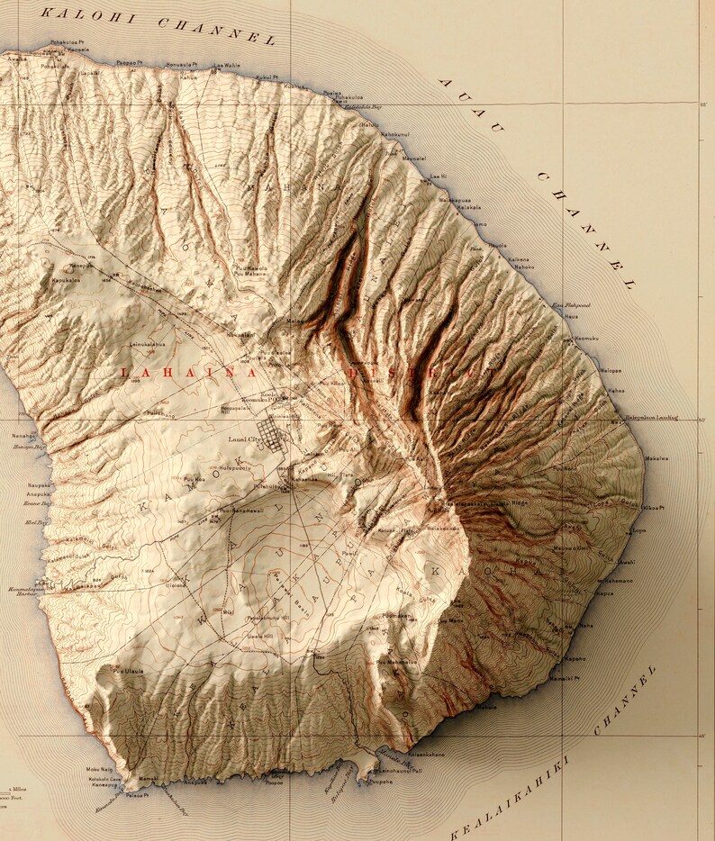 Lanai Island Map, Hawaii Map, Lanai 2D Relief Map, Lanai Vintage Old ...