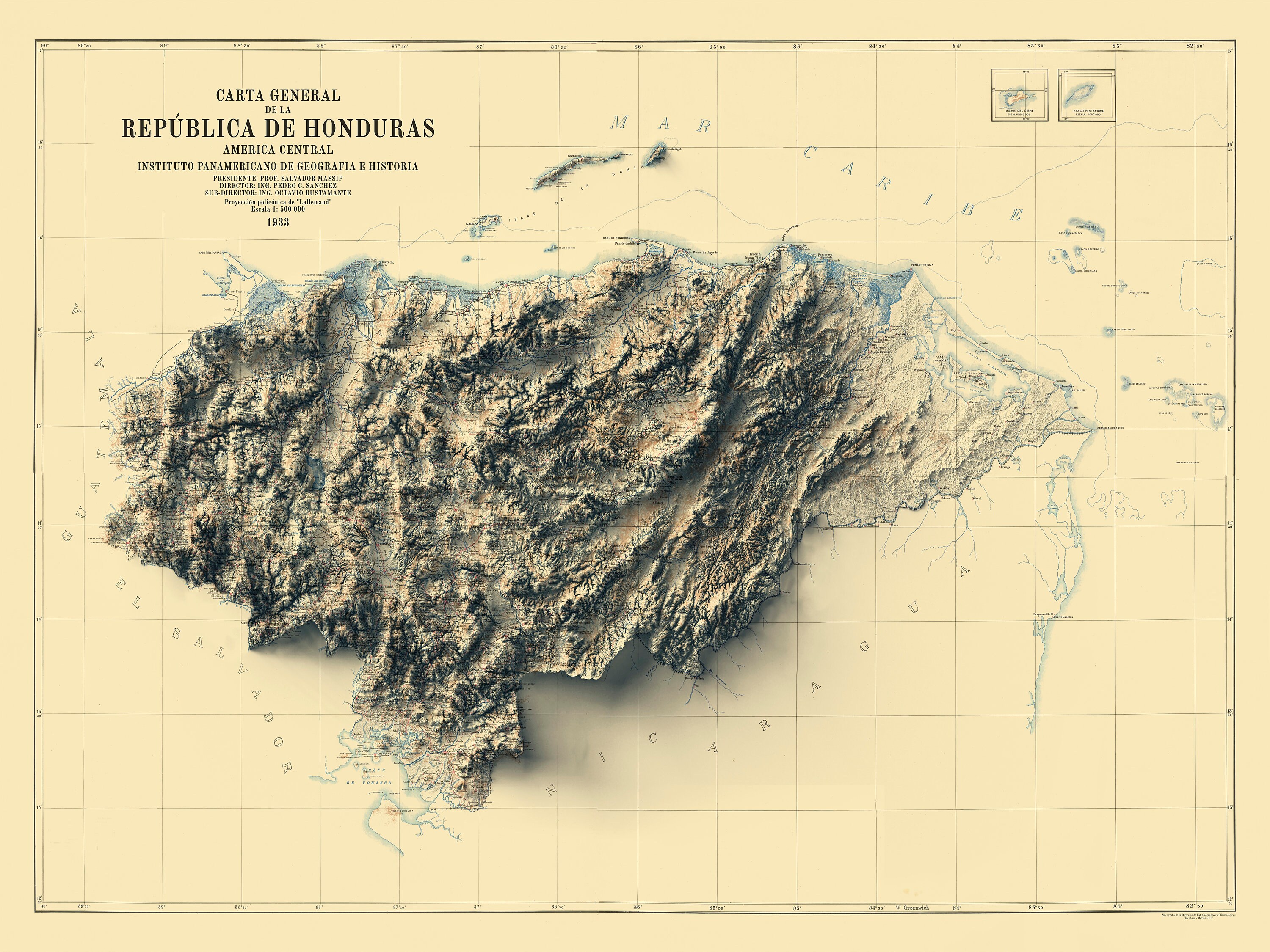 Honduras Map Honduras 2D Relief Map Honduras Vintage Map - Etsy