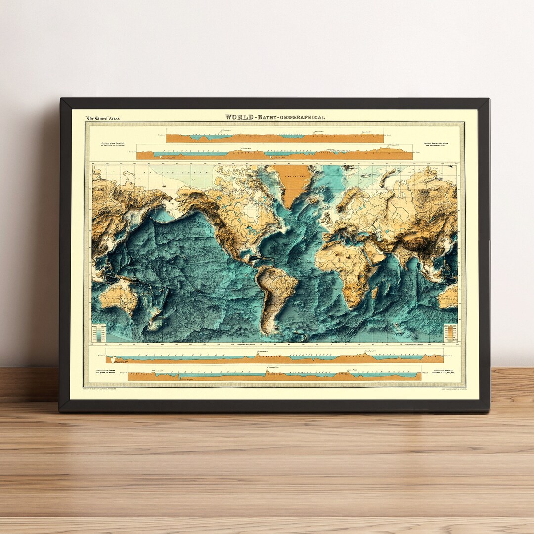 World Map, World Bathymetric 2D Relief Map, World Vintage Map, Deep ...