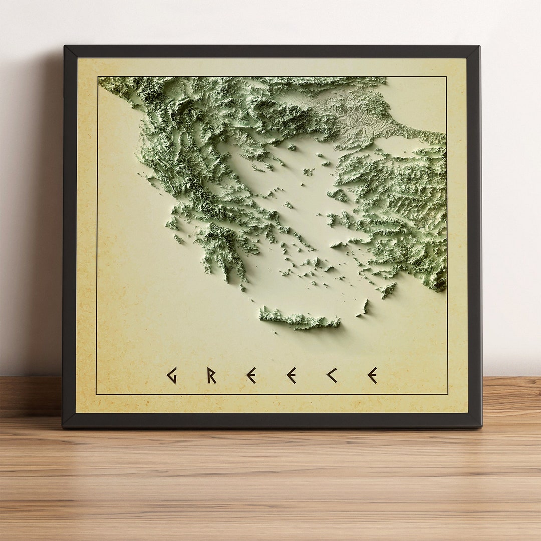 Greece Map, Greece 2D Relief Map, Greece Vintage Map, Greece Print ...