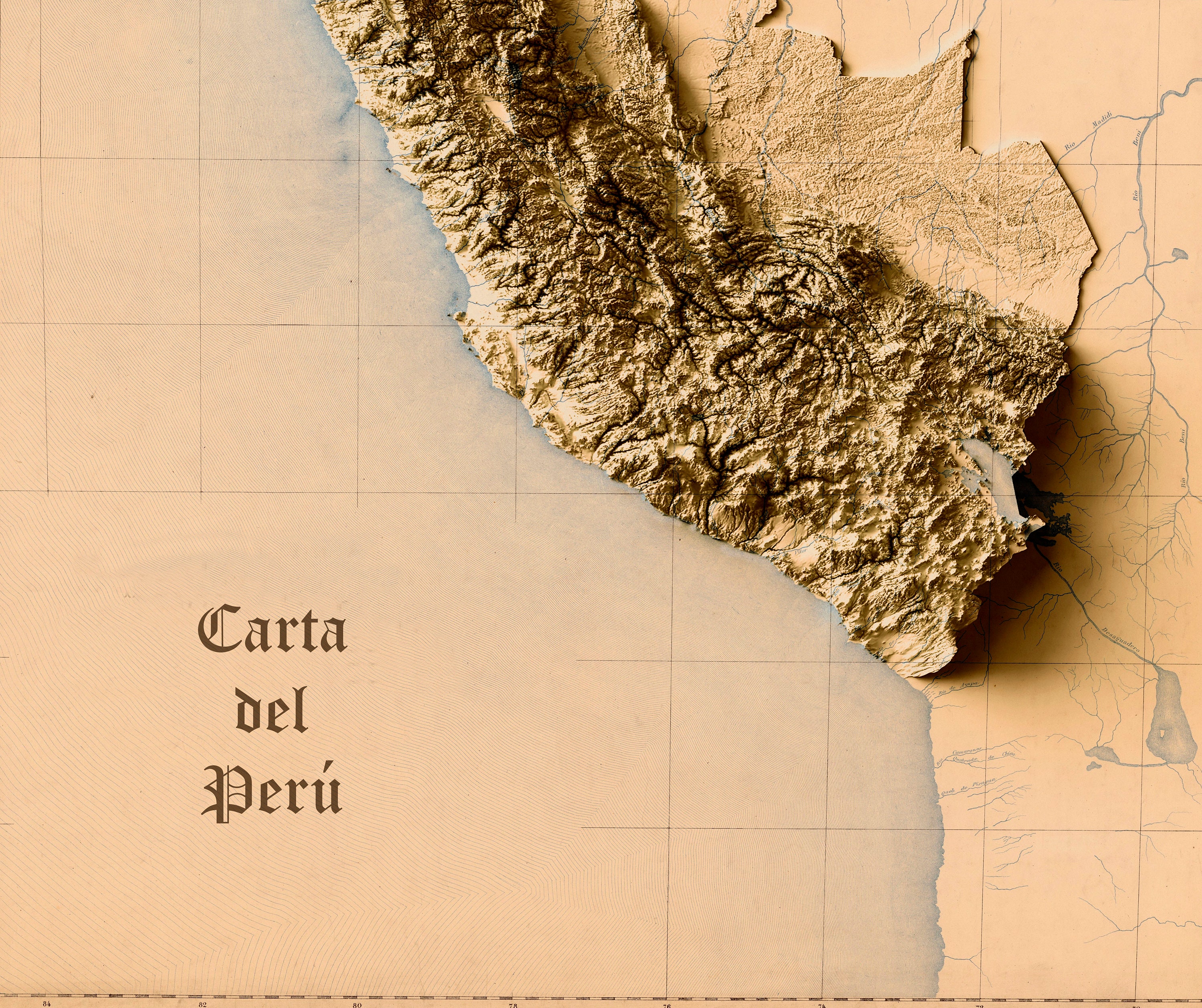 Peru Map, Peru 2D Relief Map, Peru Vintage Map, Peru Print, Peru ...
