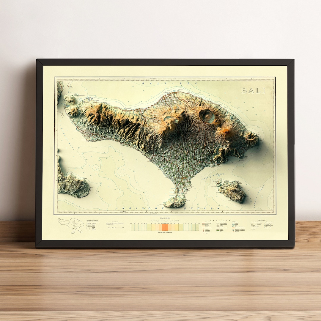 Bali Indonesia Map, Bali 2D Relief Map, Bali Vintage Map, Bali Poster ...