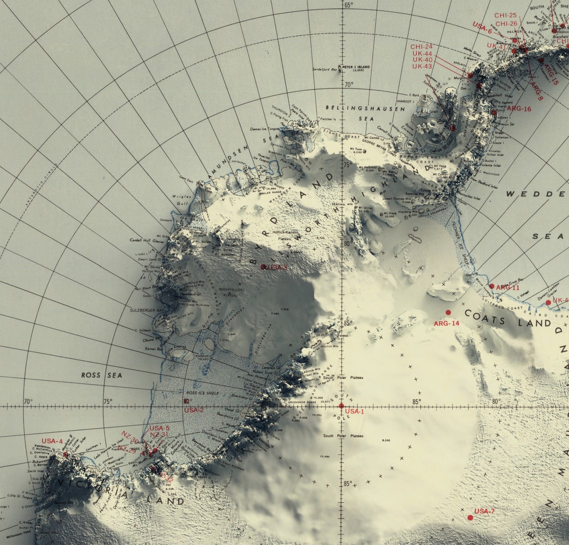 Antarctica Map, Antarctica 2D Relief Map, Antarctica Vintage Map ...