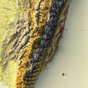 Taiwan Map, Taiwan 2D Relief Map, Taiwan Poster, Taiwan Vintage Gift ...