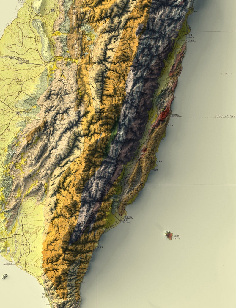 Taiwan Map, Taiwan 2D Relief Map, Taiwan Poster, Taiwan Vintage Gift ...