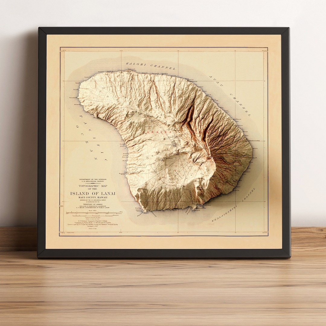 Lanai Island Map, Hawaii Map, Lanai 2D Relief Map, Lanai Vintage Old ...