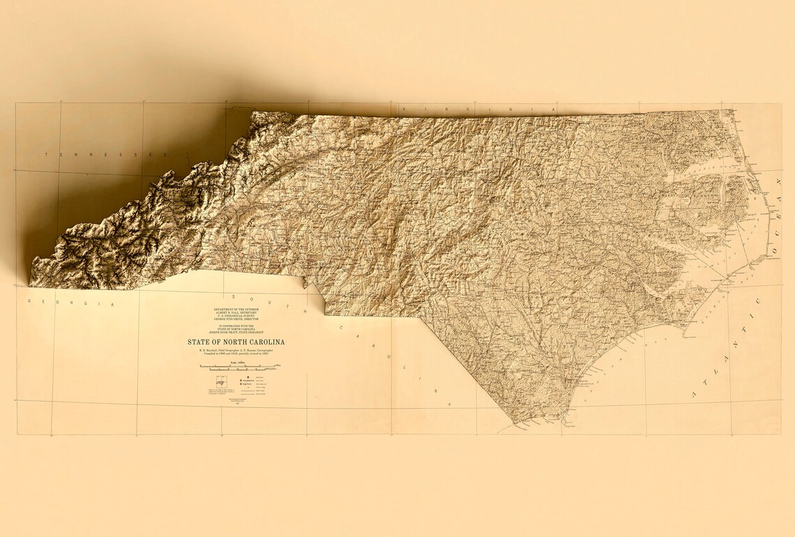 North Carolina Map North Carolina Relief Map Vintage Map | Etsy