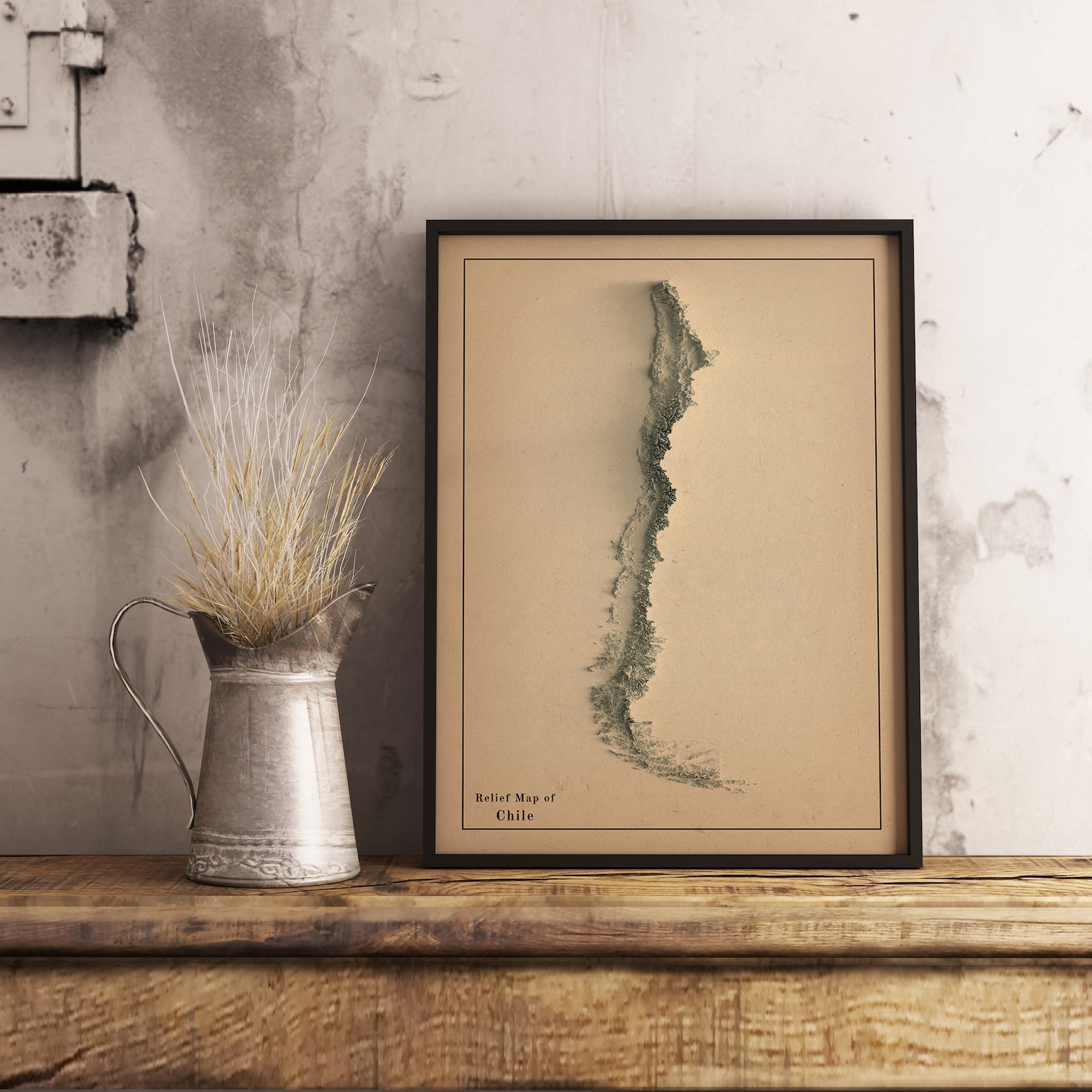 Chile Map, Chile 2D Relief Map, Chile Vintage Map, Chile Poster, Chile ...