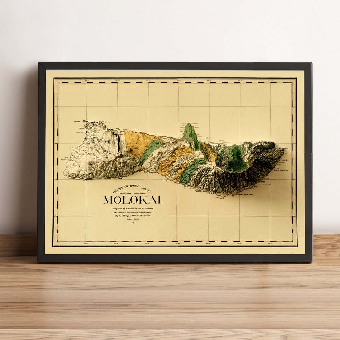 Mapa de Molokai, Mapa de relieve 2D de Molokai, Mapa vintage de Molokai ...