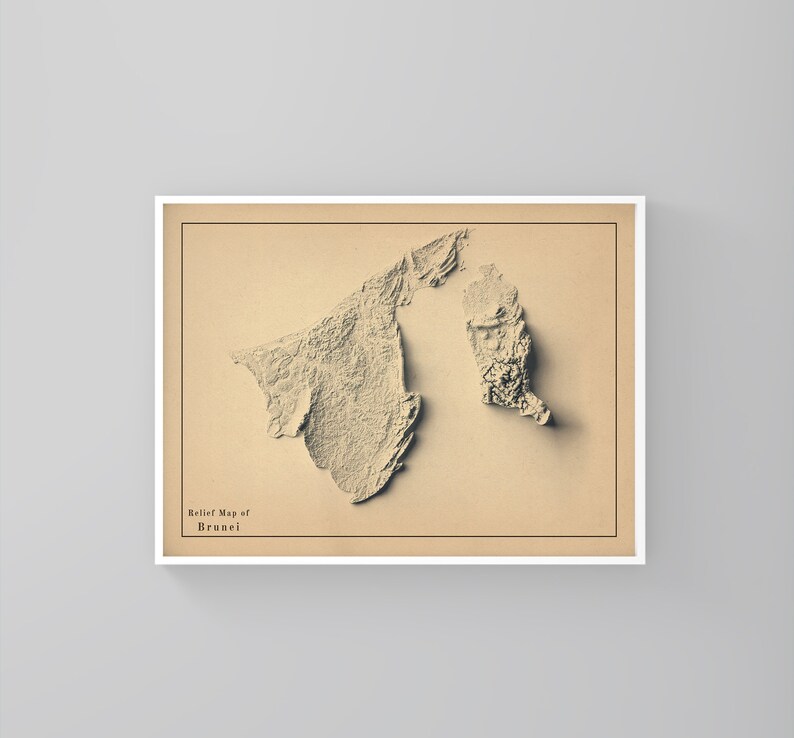 Brunei Map, Brunei 2D Relief Map, Brunei Vintage Map, Brunei Poster ...