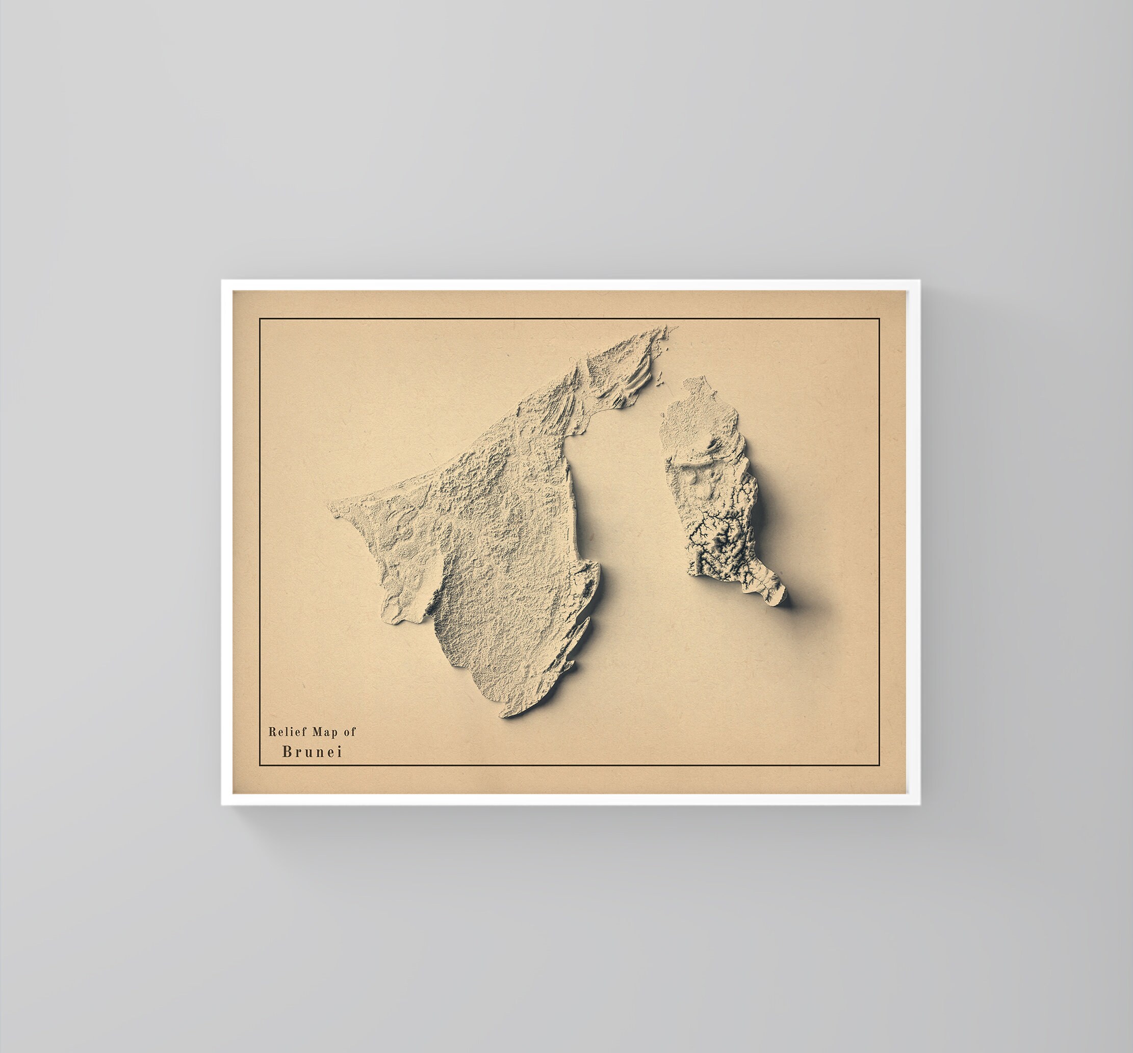 Brunei Map, Brunei 2D Relief Map, Brunei Vintage Map, Brunei Poster ...