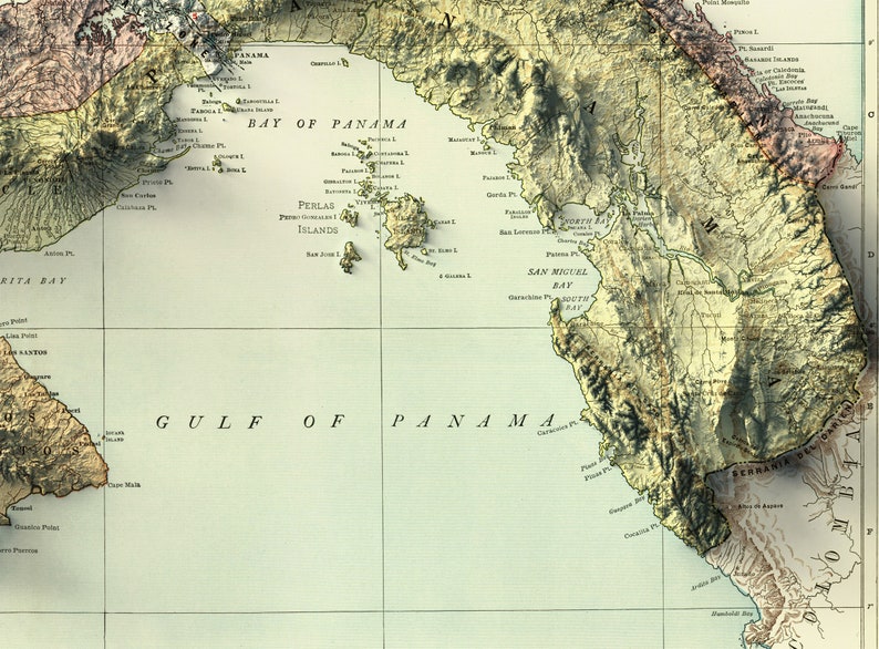 Panama Map, Panama 2D Relief Map, Panama Vintage Poster Map, Panama ...