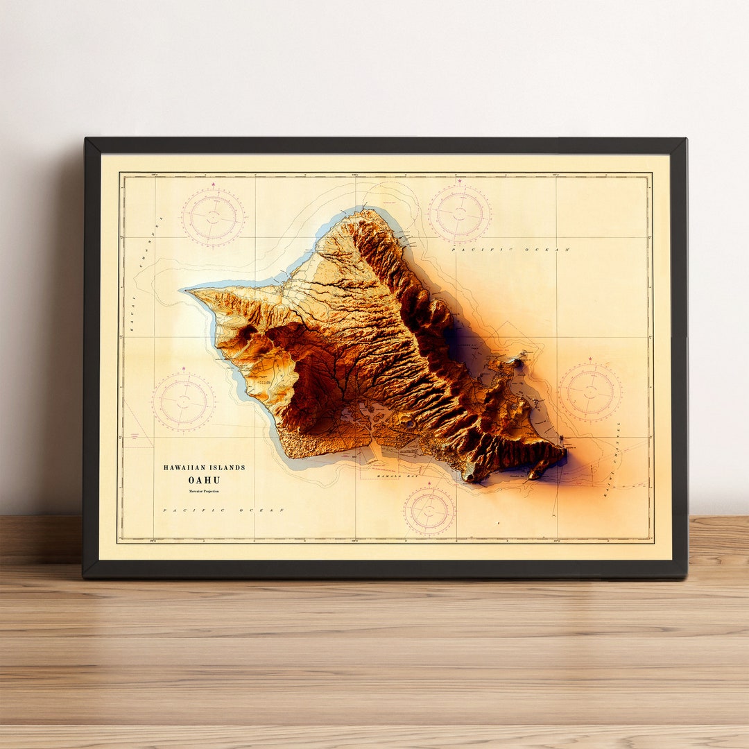 Oahu Island Map (sunset Version), Hawaii 2D Relief Map, Oahu 2D Relief ...