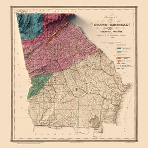 Georgia Map, Georgia Relief Map, Georgia Vintage Map, Georgia Poster ...