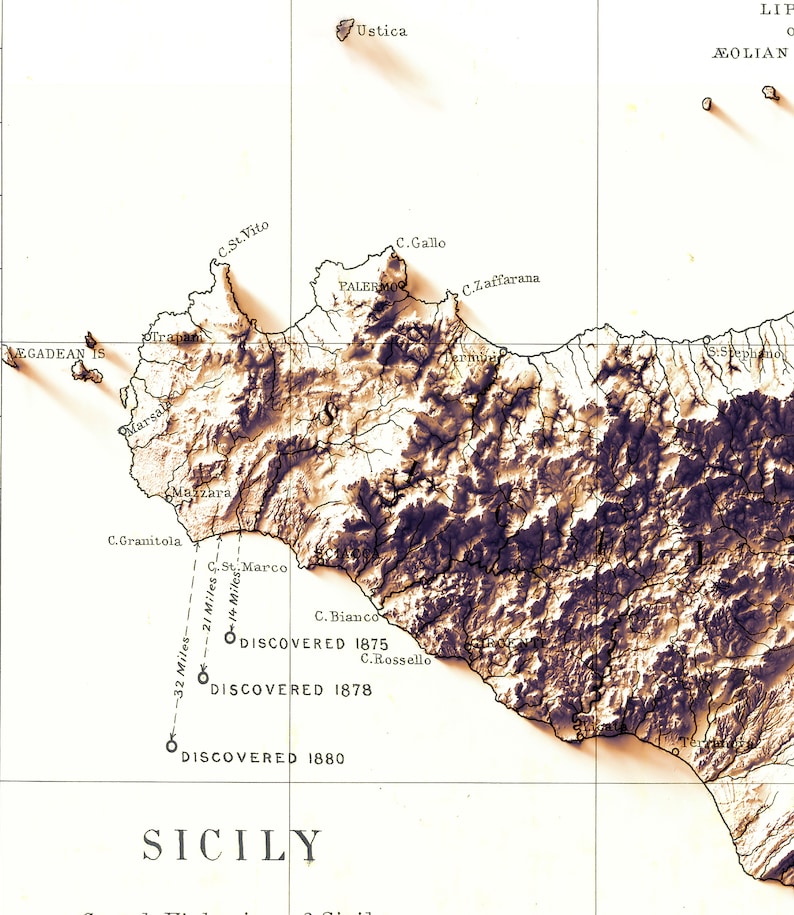 Sicily Map Sicilia Map Sicily 2D Relief Map Sicily Vintage - Etsy
