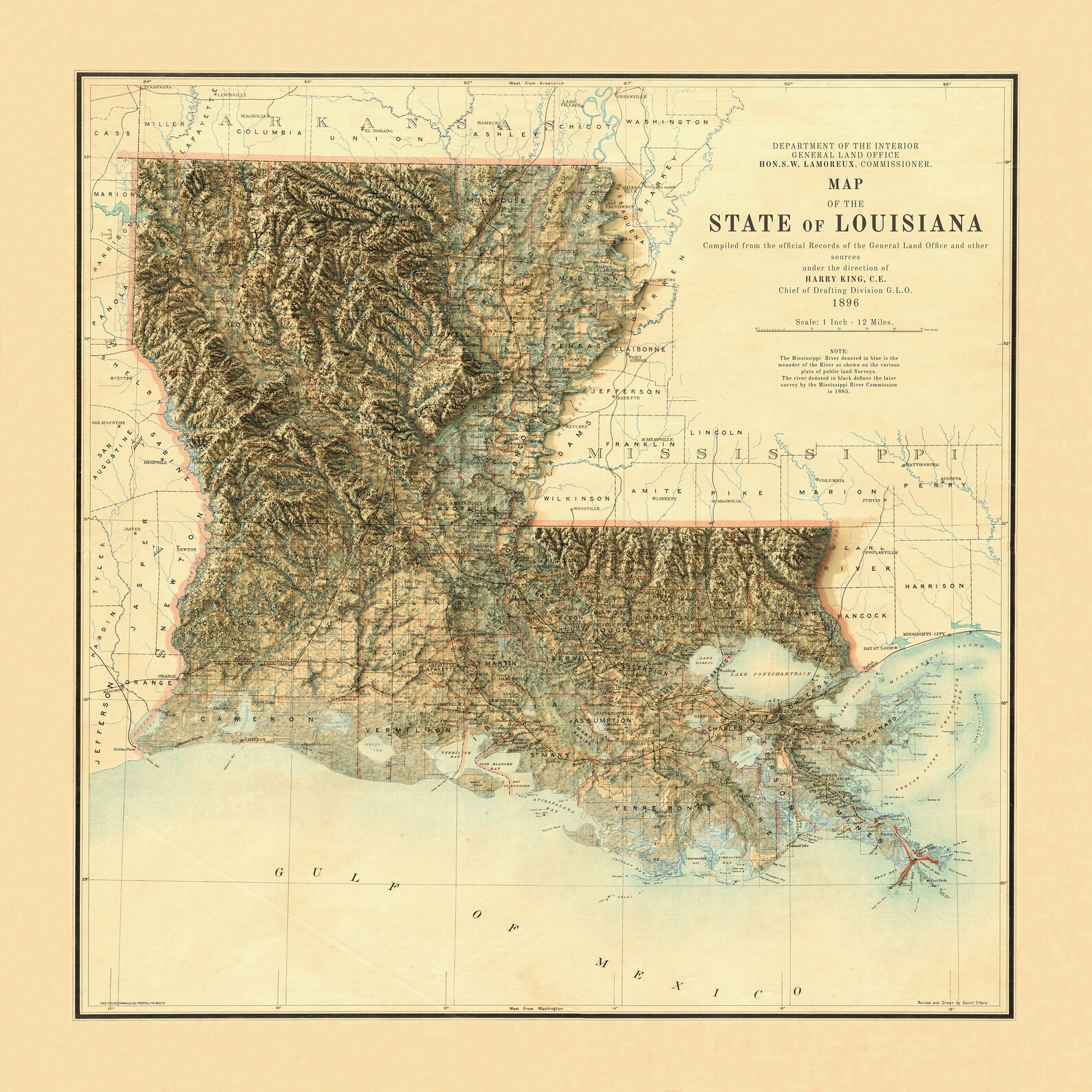 Louisiana Map Relief Map of Louisiana Louisiana Old Map | Etsy