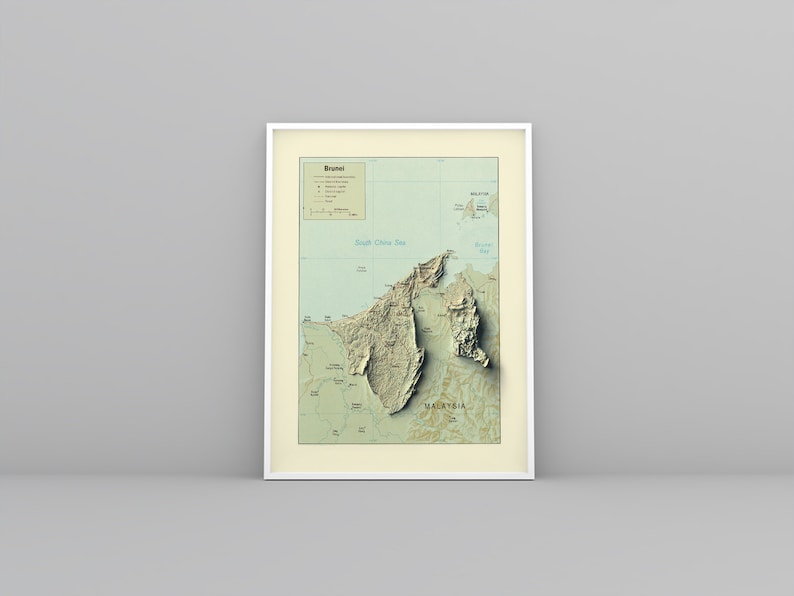 Brunei Map, Brunei 2D Relief Map, Brunei Vintage Map, Brunei Poster ...