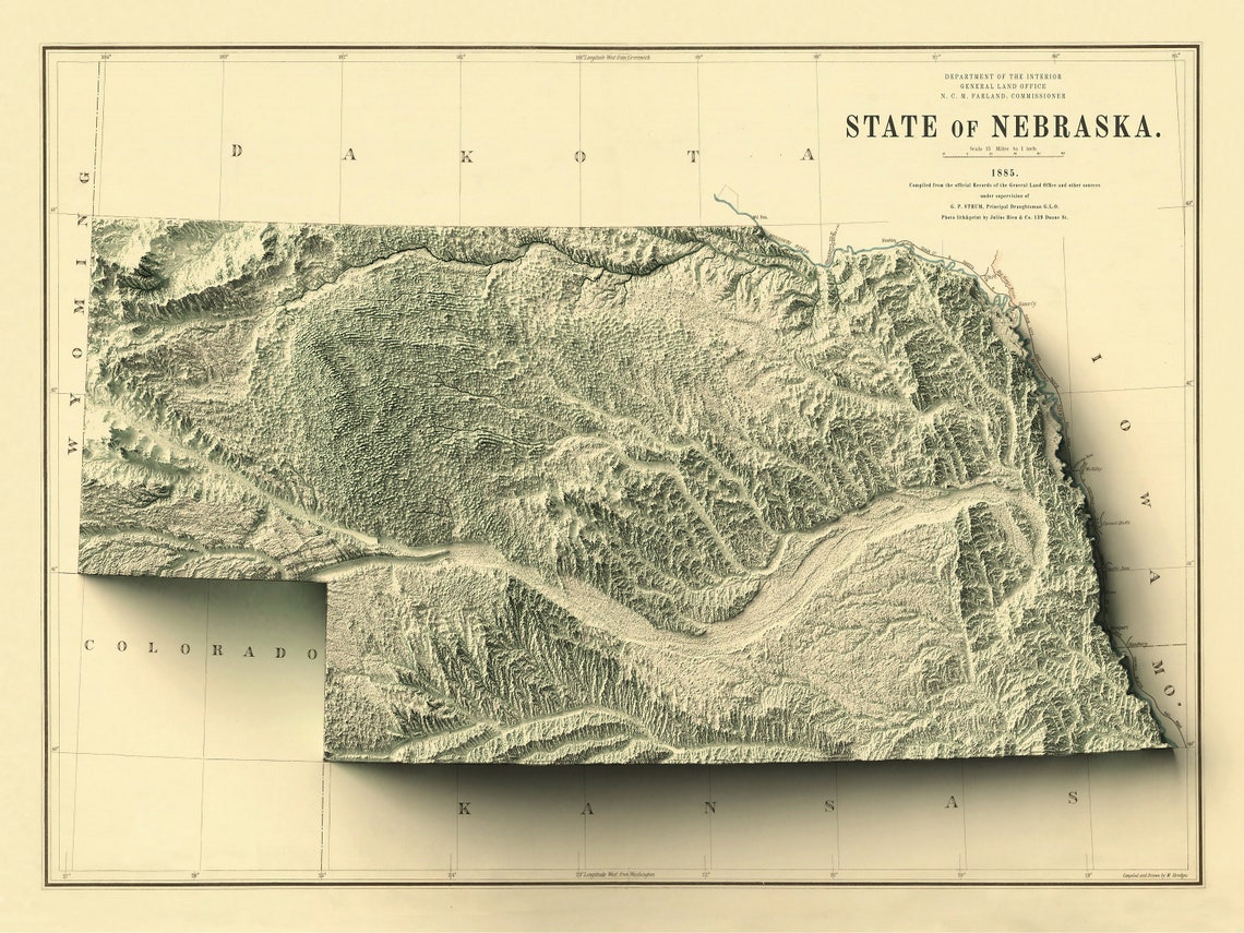 Nebraska Map Nebraska 2D Relief Map Nebraska Vintage Map - Etsy