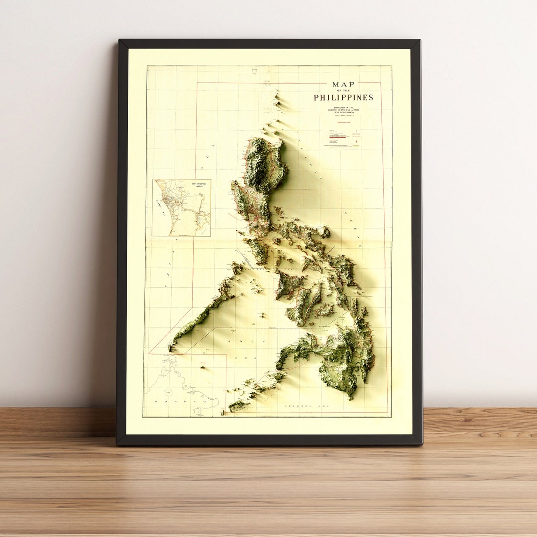 Philippines Map, Philippines 2D Relief Map, Philippines Wall Art Poster ...