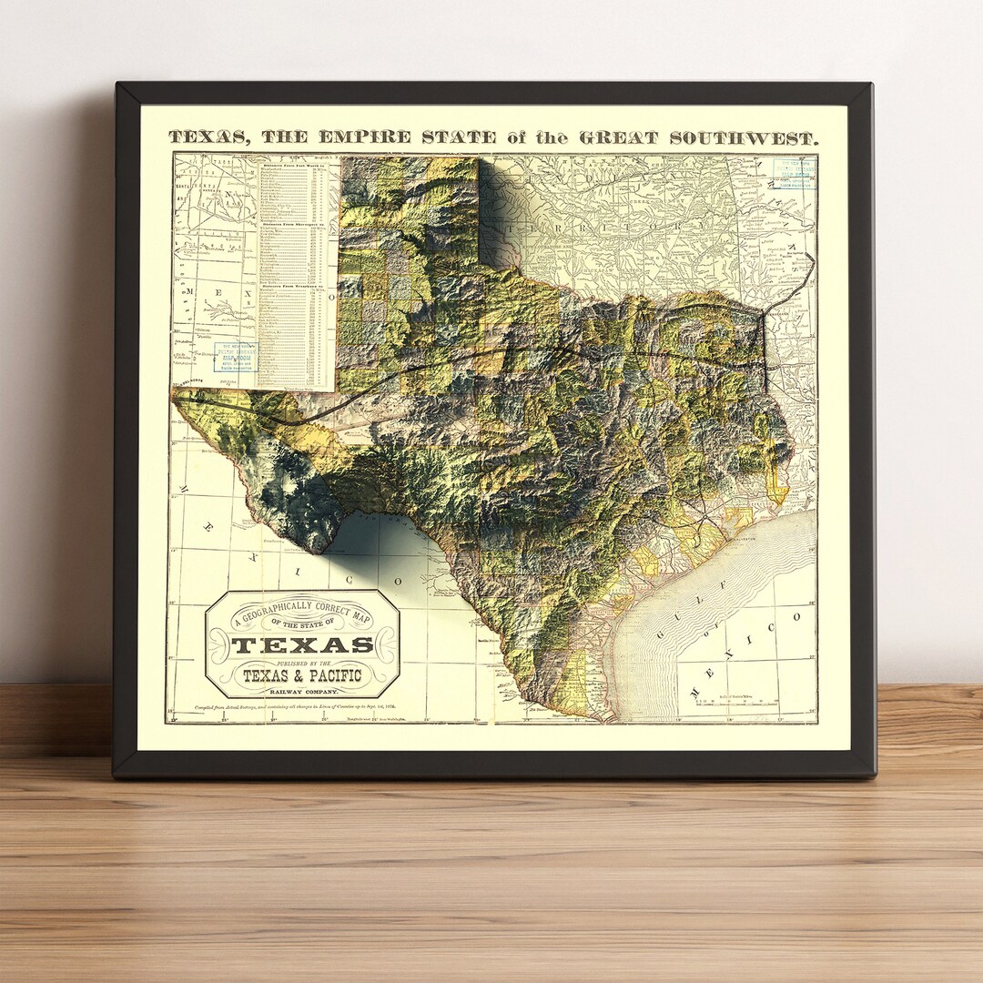 Texas Map, Texas 2D Relief Map, Texas Old Map, Texas Vintage Map, Texas ...