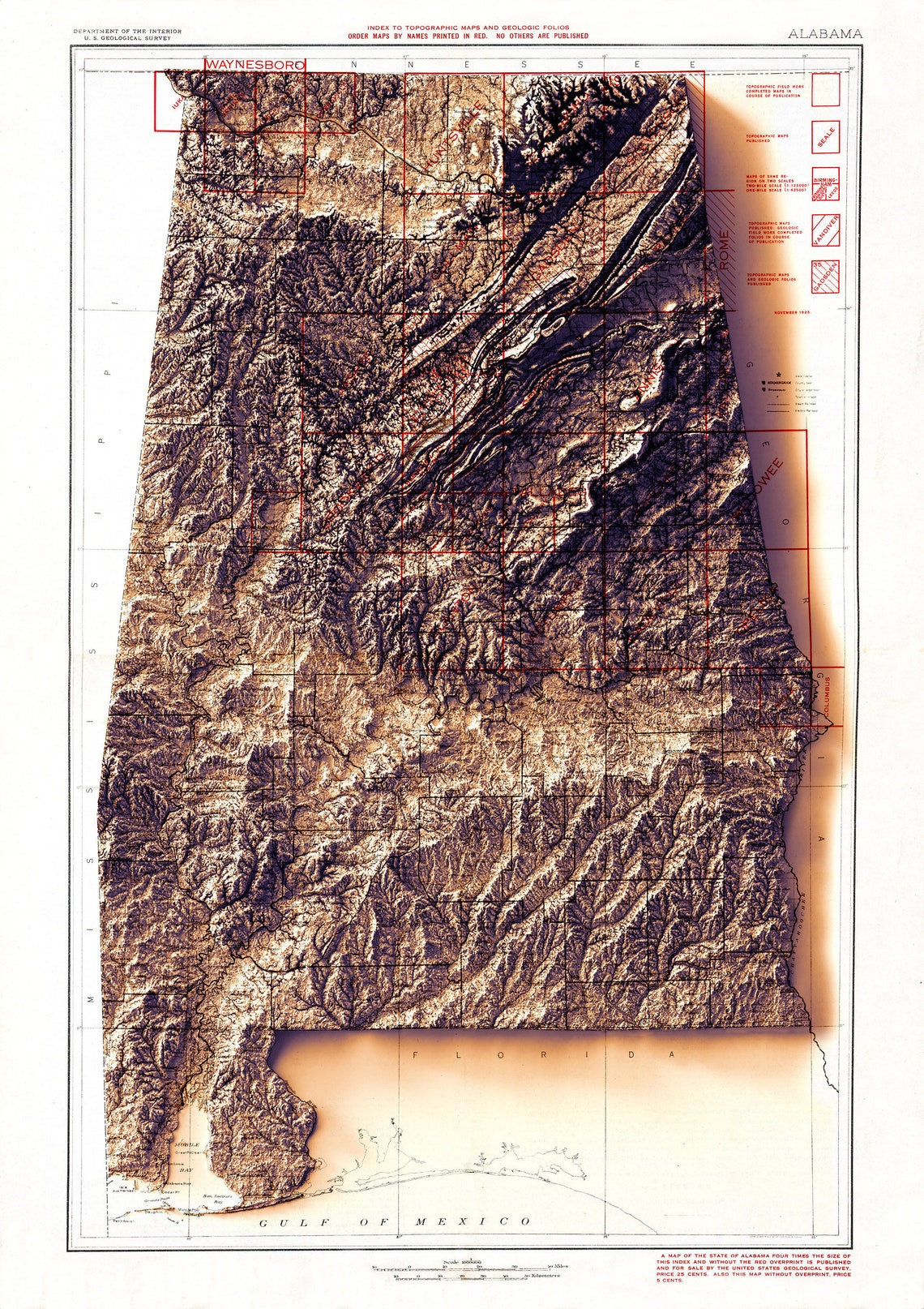 Alabama Map Alabama 2D Relief Map Alabama Historical Map - Etsy UK