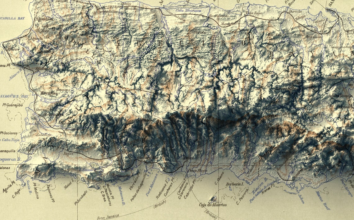 Puerto Rico Map, Puerto Rico 2D Relief Map, Puerto Rico Poster, Puerto ...