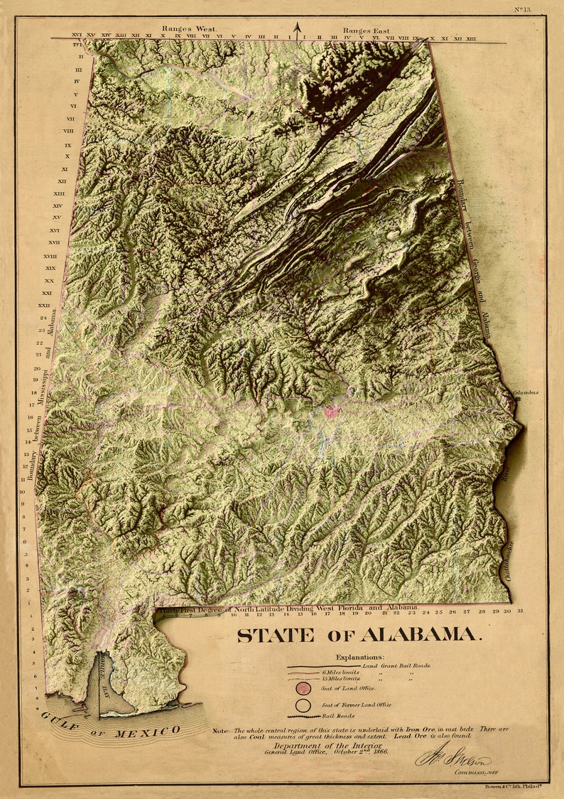 Alabama Map Alabama 2D Relief Map Alabama Historical Map - Etsy