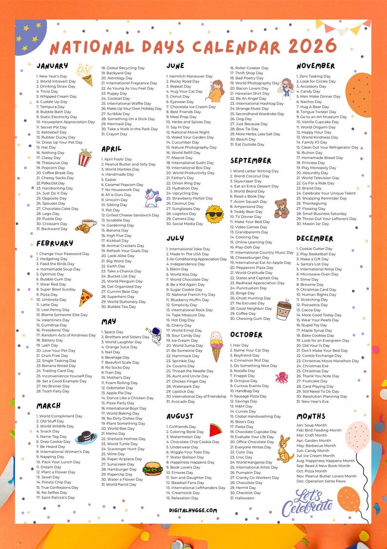 National Days Calendar Printable | 2026 National Holidays Calendar ...