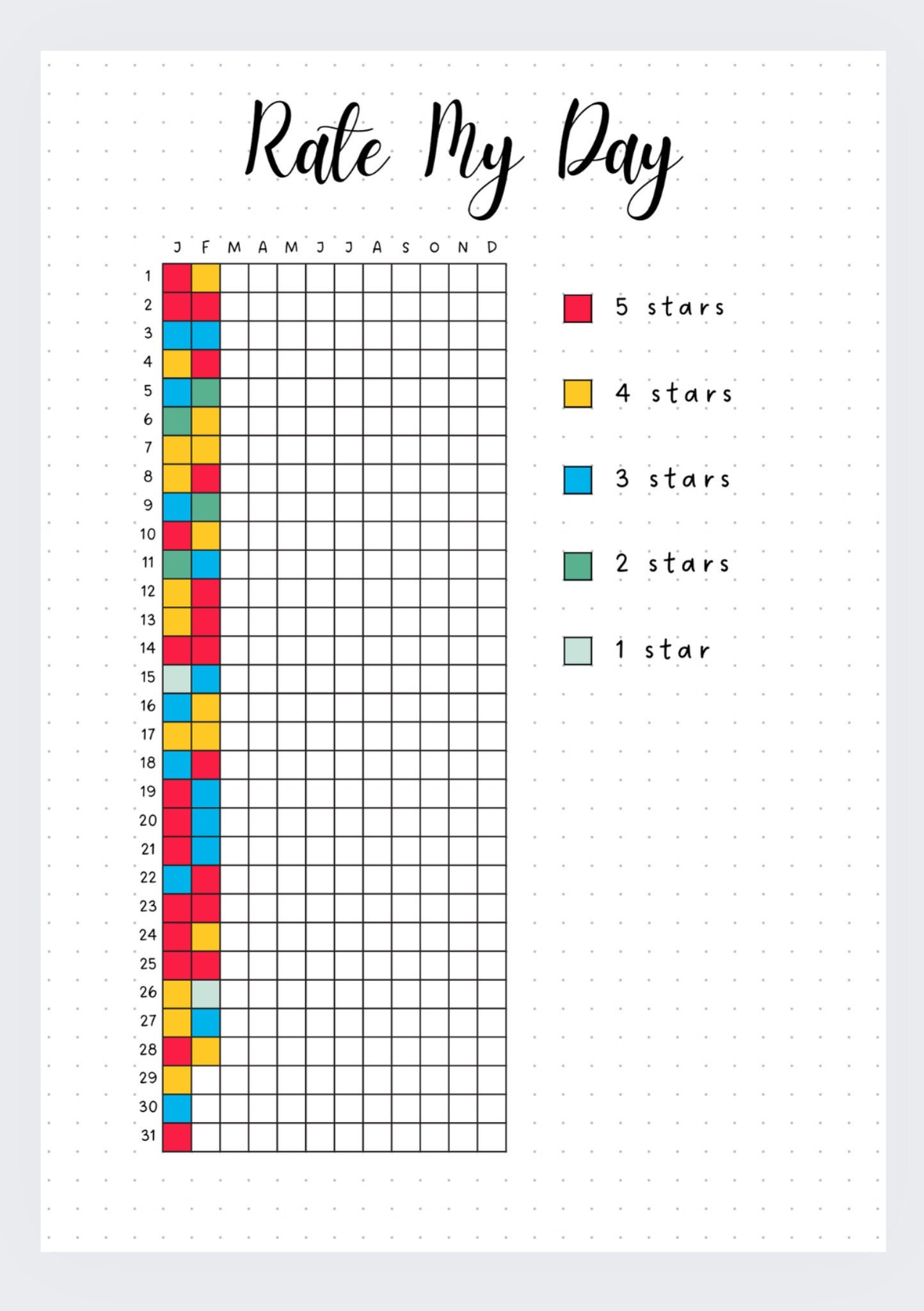 Rate My Day Bullet Journal Printable Tracker | Year in Pixels - Etsy