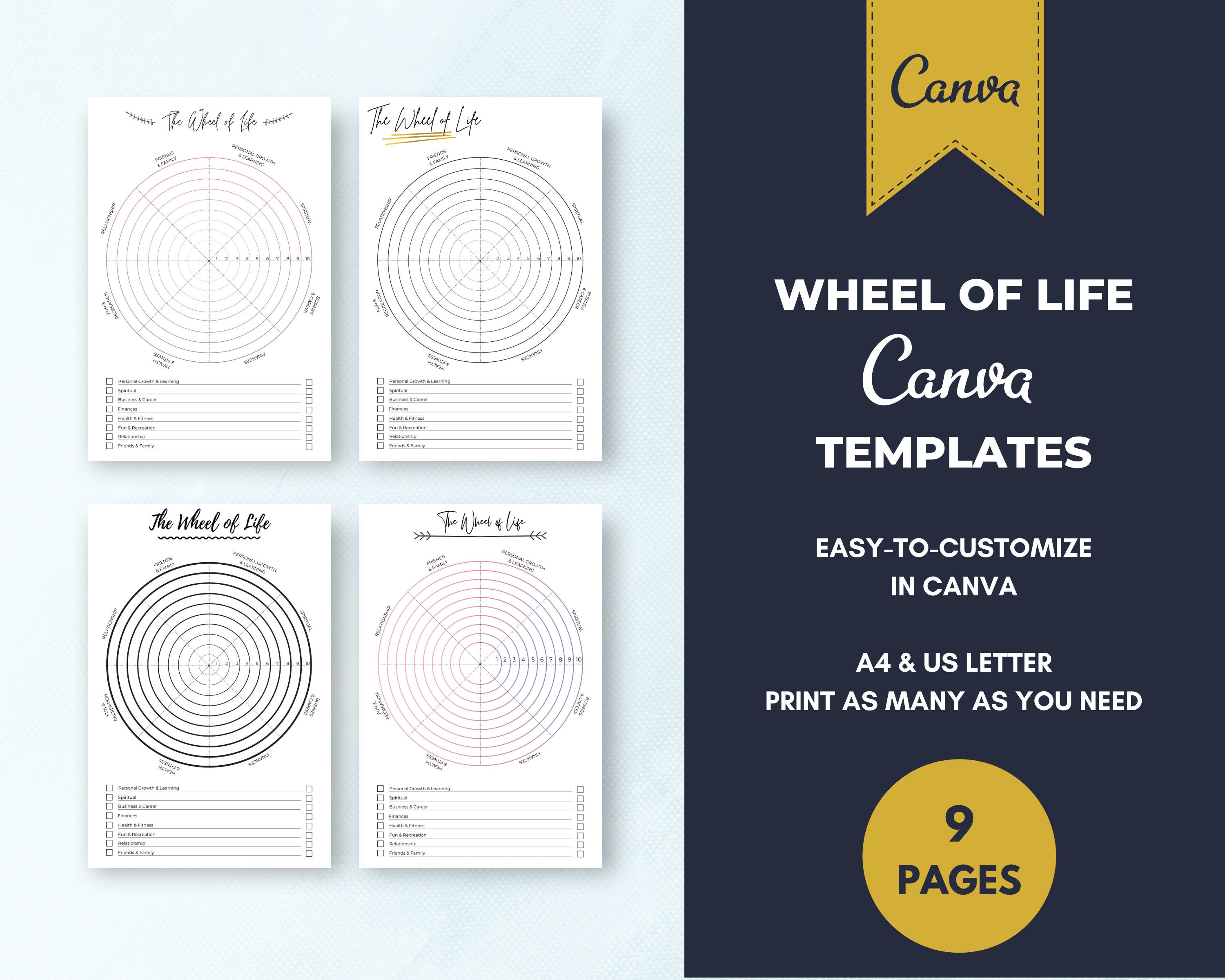 Wheel of Life Editable Canva Template, Life Balance Wheel, Life Circle ...