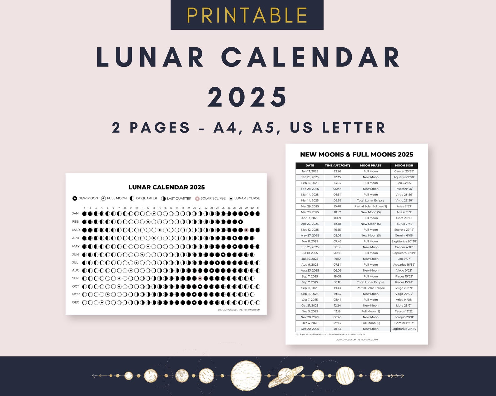 2025 Moon Calendar Printable: Lunar Phases, Northern Hemisphere ...