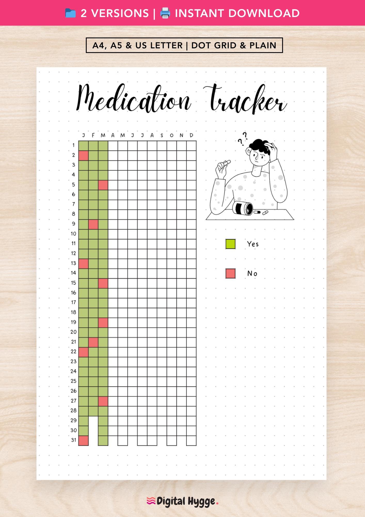 Pill Tracker Printable: Year in Pixels Medicine Log (A4, A5, US Letter ...