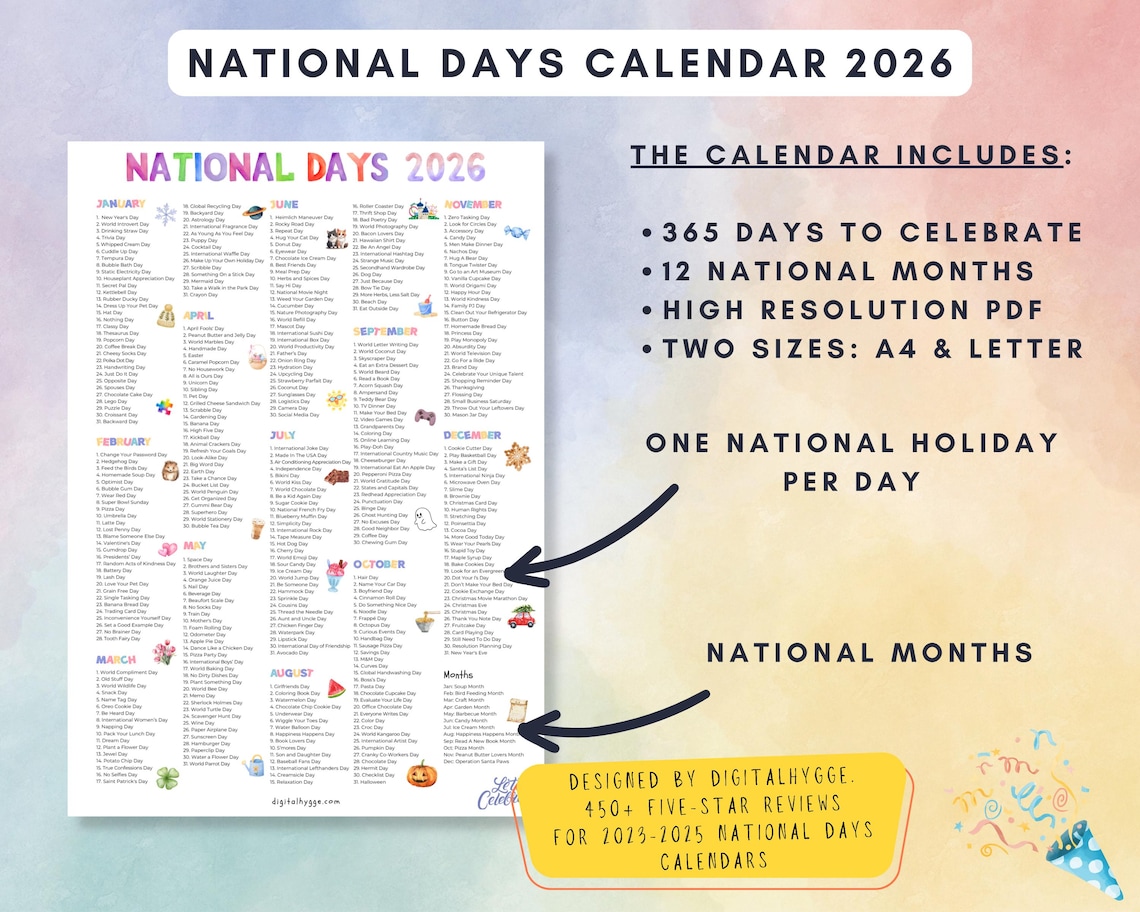 2026 National Days Calendar Printable (A4 & Letter PDF) - Etsy