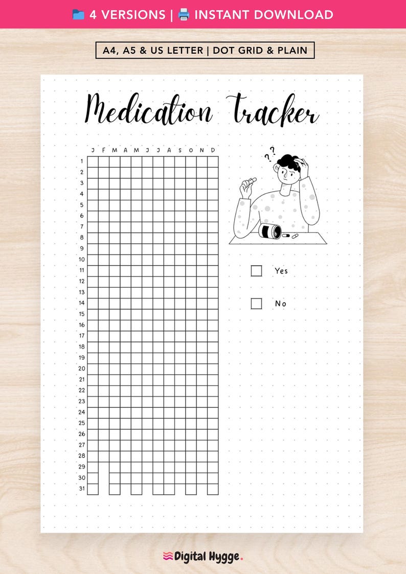 Pill Tracker Printable: Year in Pixels Medicine Log (A4, A5, US Letter ...