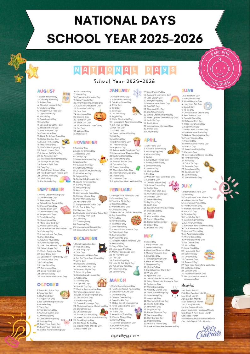 National Days Printable Calendar School Year 2025-2026 | National Days ...