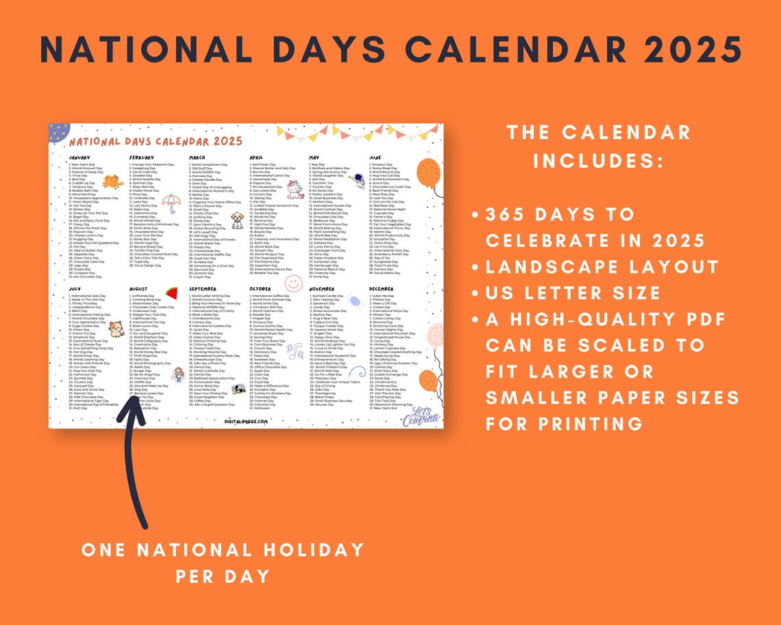 National Days Calendar Printable PDF | Landscape Horizontal Layout ...