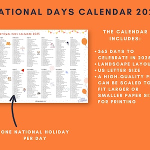 National Days Calendar Printable PDF | Landscape Horizontal Layout ...